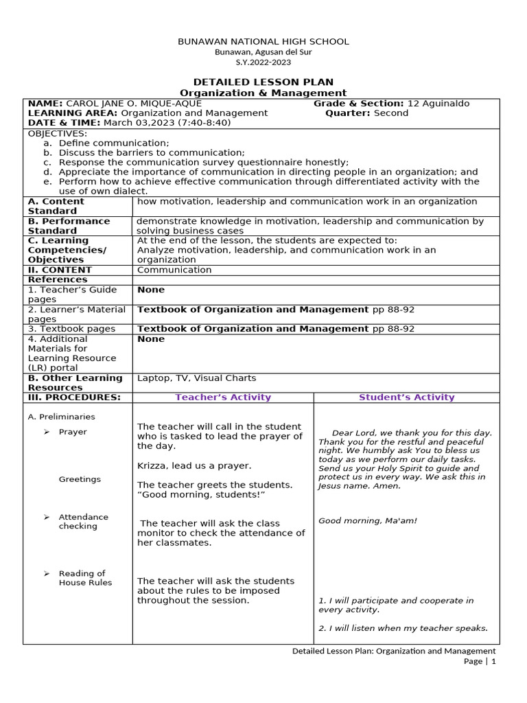 OM-Communication For 2022-2023 DLP | PDF | Communication | Learning