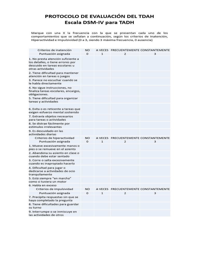 Evaluación de TDAH: Criterios DSM-IV | PDF