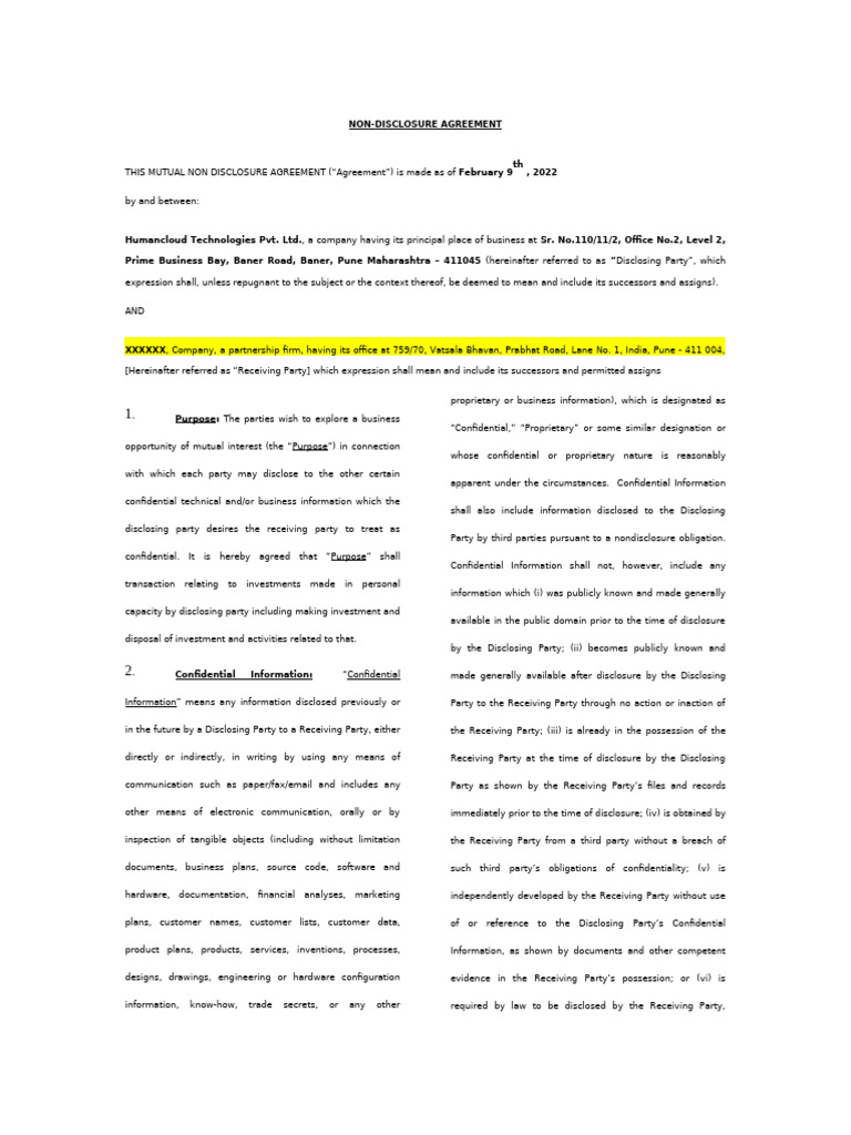 HC_NDA_Partner Company | PDF | Non Disclosure Agreement | Intellectual ...