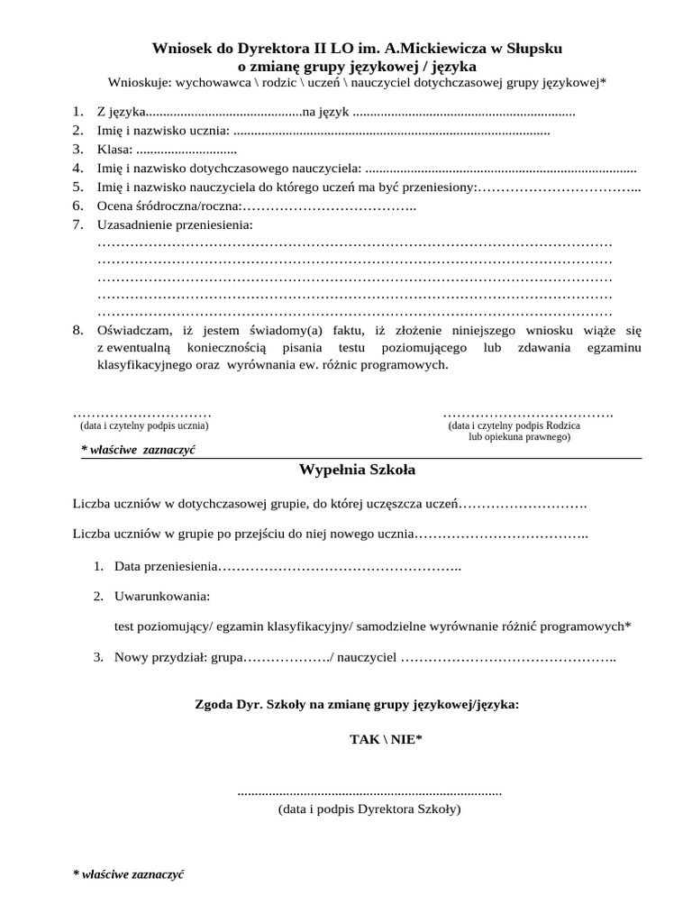 Wniosek o Zmiane Grupy Jezykowej | PDF