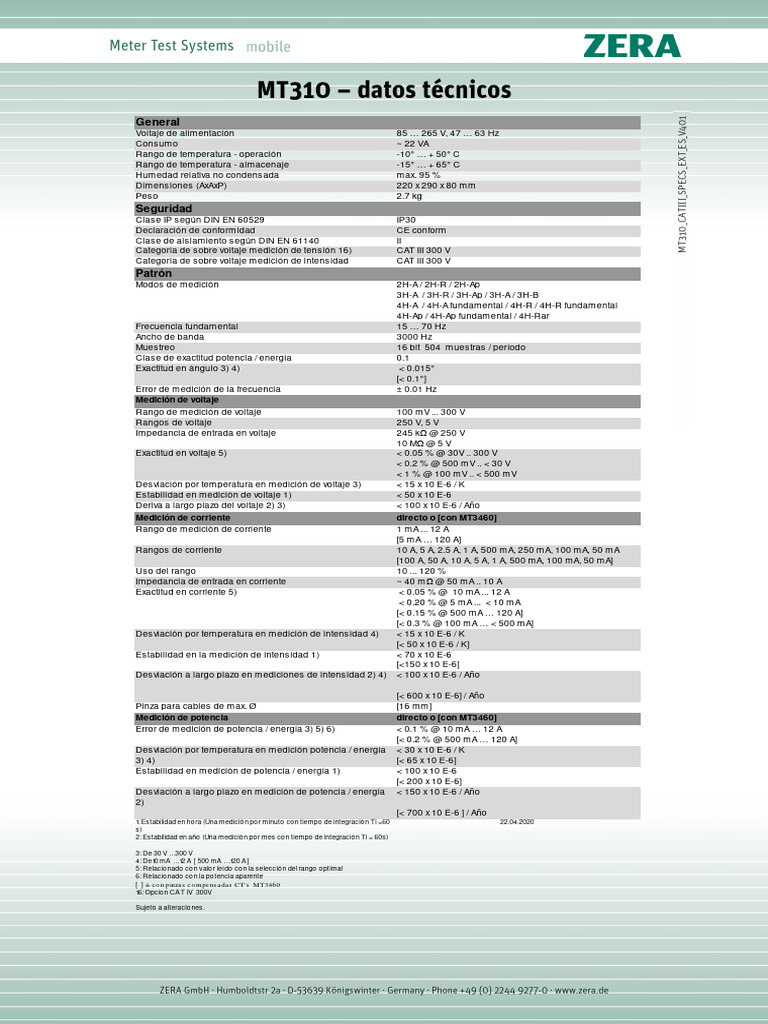 MT310 Specs Ext Es V401 | PDF | Cantidades fisicas | Metrología