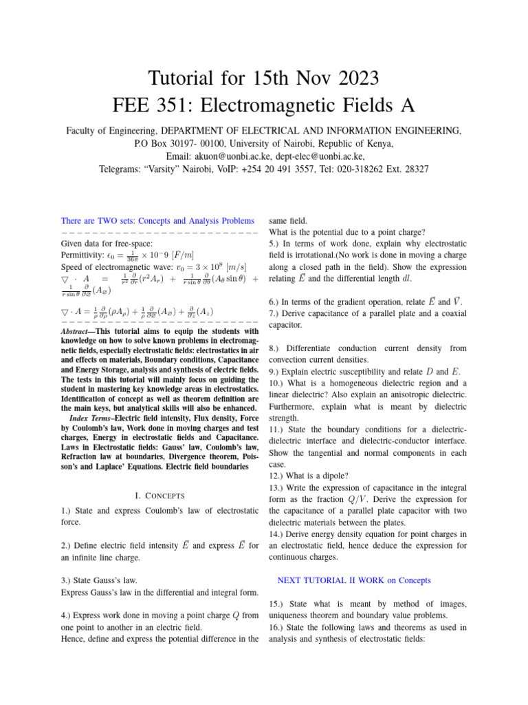 Main Tutorial EMF A Nov 2024 | PDF | Electrostatics | Capacitance