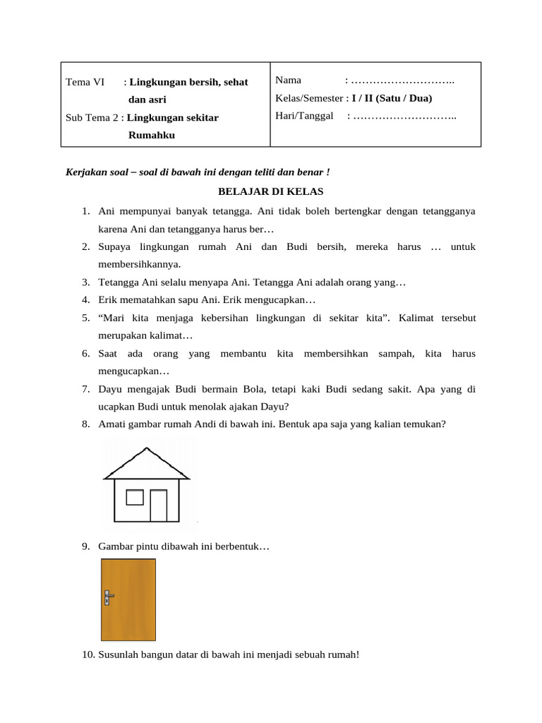 Soal Kelas 1 Tema 6 Subtema 2 | PDF