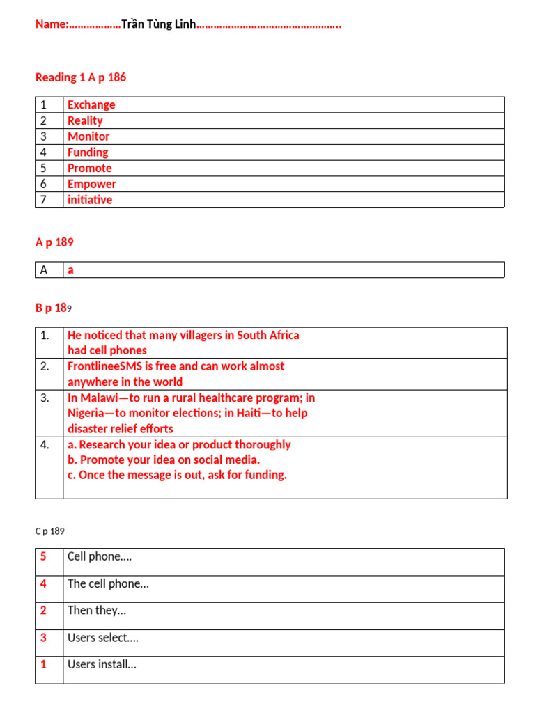 Answer Sheet - Reading U10 | PDF | Social Science
