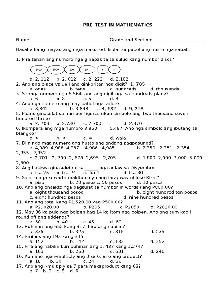 Pre-Test - Mathematics 3 | PDF