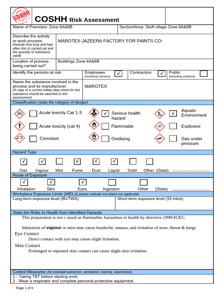 COSHH Risk Assessment Zone 6A&6B | PDF | Toxicity | Personal Protective ...