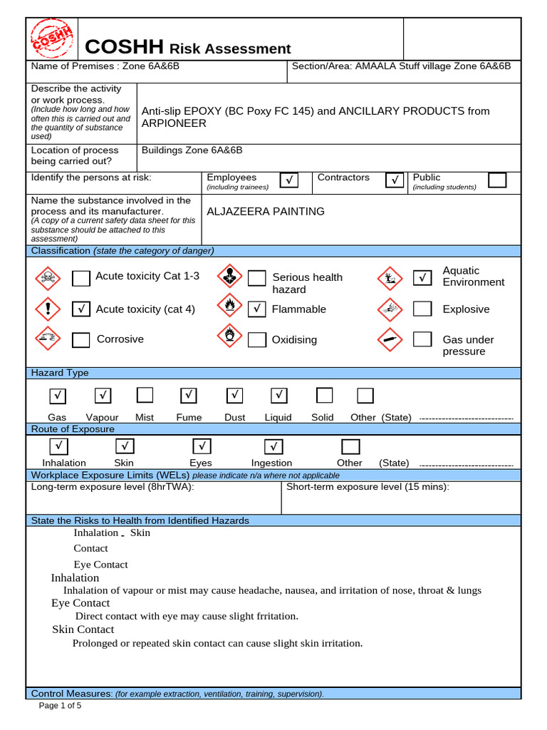 CoSHH Risk Assessment To JAZEERA PAINTING | PDF | Toxicity | Personal ...