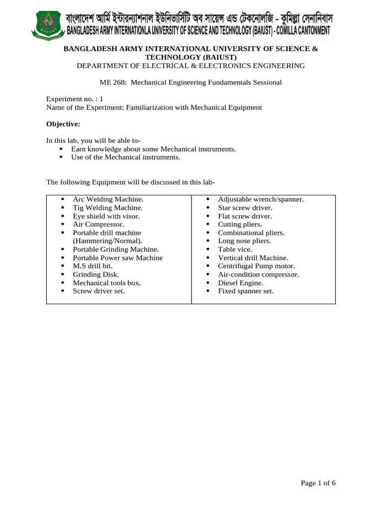 EXPT 01 Familiarization With Some Mechanical Equipments | PDF | Welding | Construction