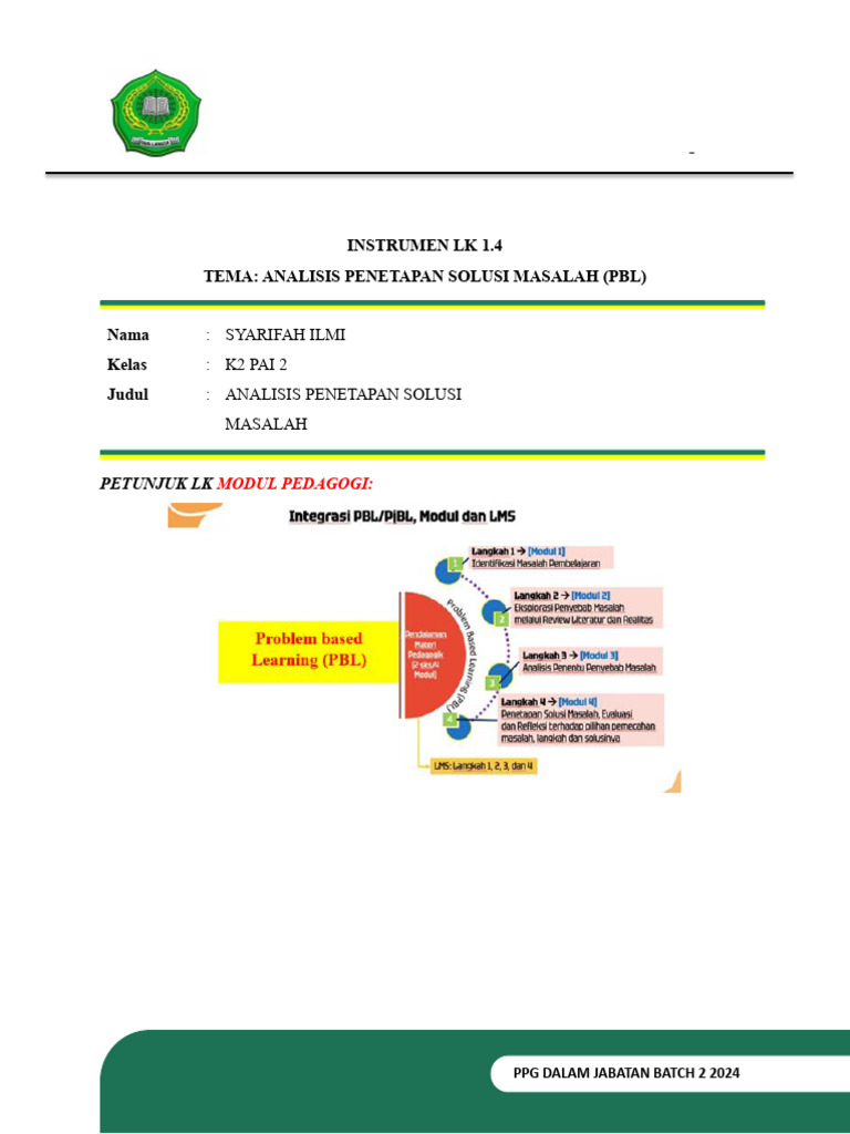 Instrumen LK 1.4 - Analisis Penetapan Solusi Masalah (MODUL PEDAGOGI 4 PBL) K1 | PDF