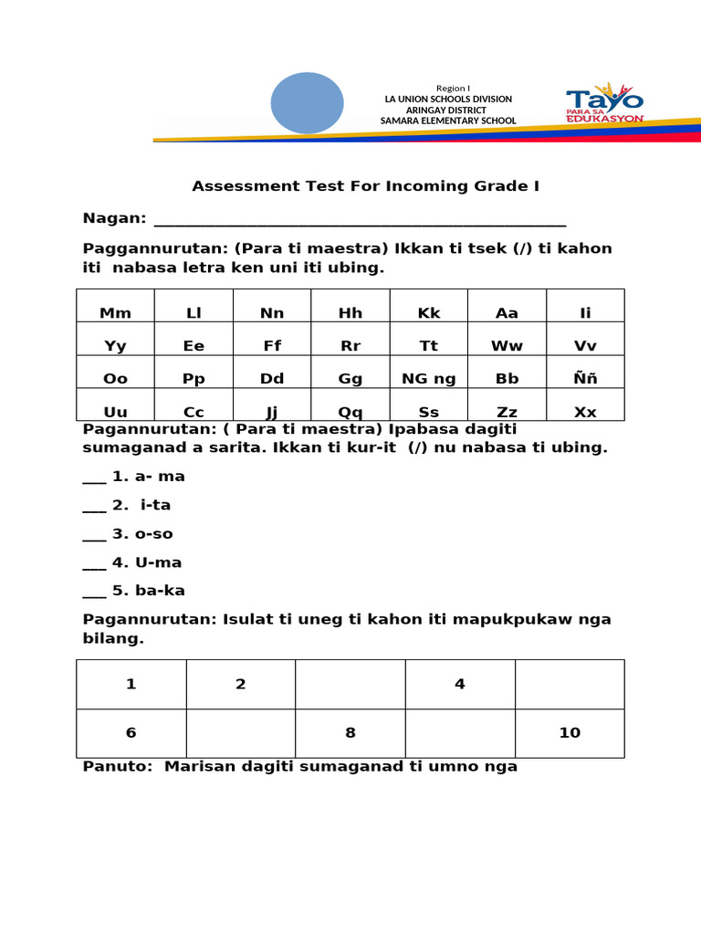 Assessment Test For Incoming Grade I | PDF