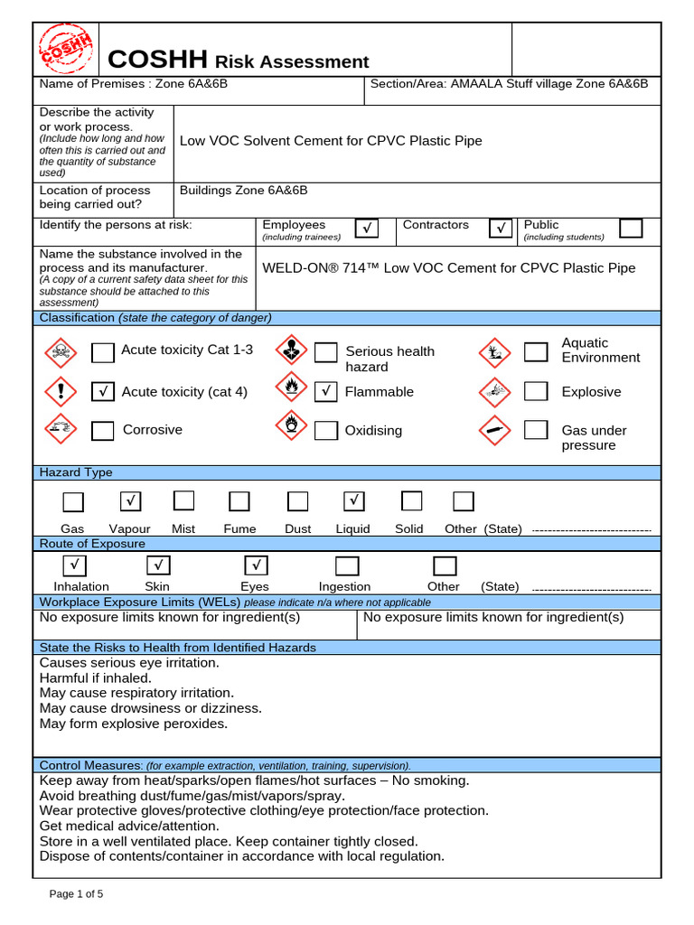 CoSHH Risk Assessment To WELD-ON® 714™ Low VOC Cement | PDF | Toxicity | Water
