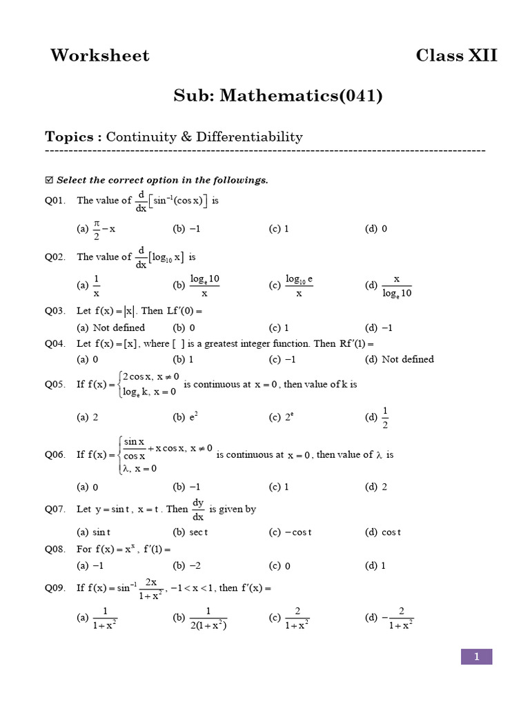5-MCQ-Continuity & Differentiability | PDF | Complex Analysis | Elementary Mathematics