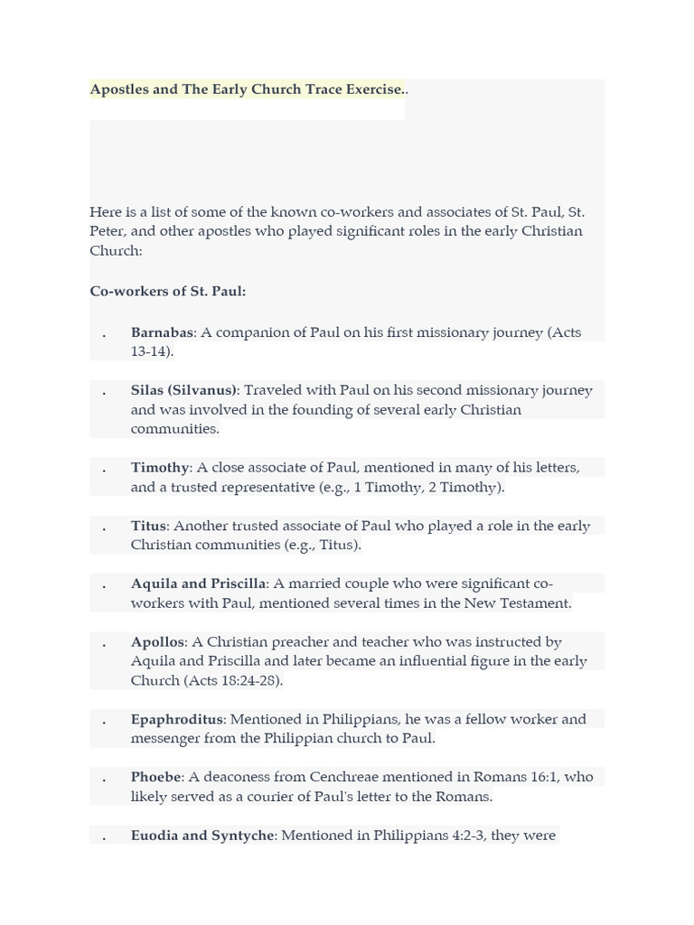 Early Church Apostles and Co-workers | PDF | Paul The Apostle | Early ...