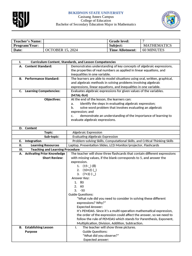 DetailedLessonPlan Math7 | PDF | Algebra | Equations