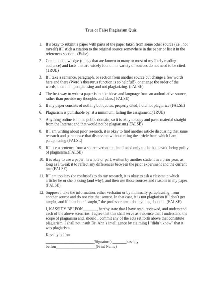 Plagiarism Quiz - FSC Kassidy | PDF | Plagiarism
