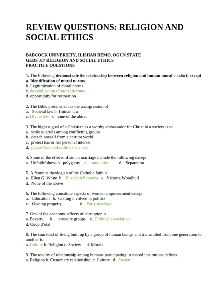 Religion and Social Ethics PQ | PDF | Marriage