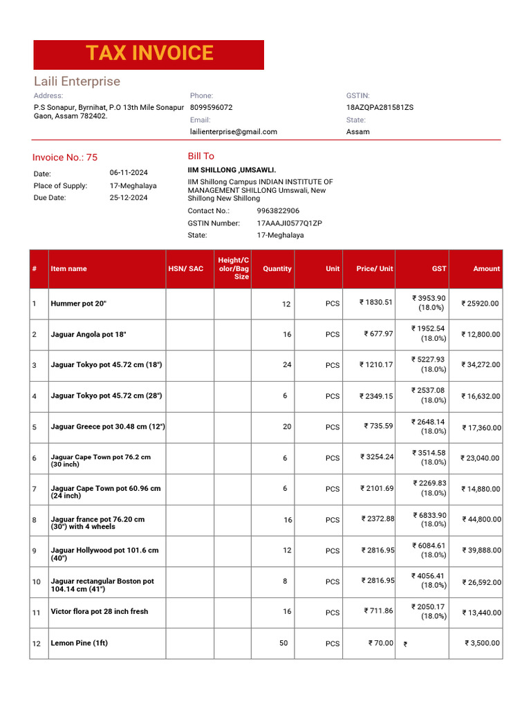 Tax Invoice for IIM Shillong Pots & Plants | PDF | Payments