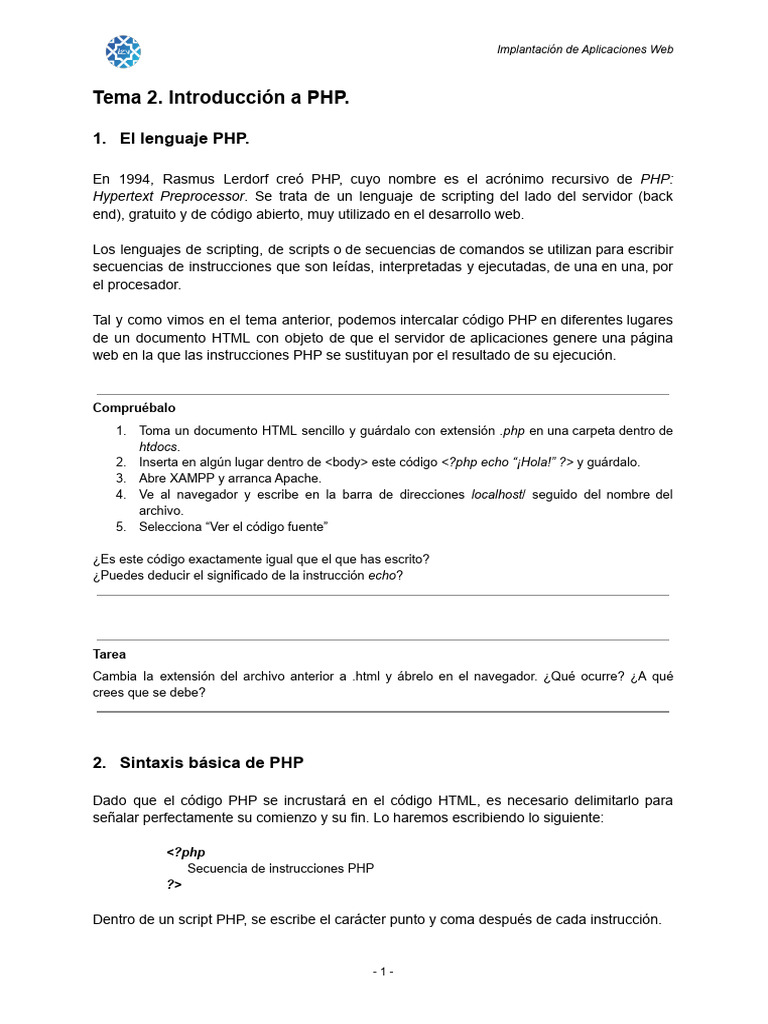 Tema 2. Introducción A PHP | PDF | Php | Redes