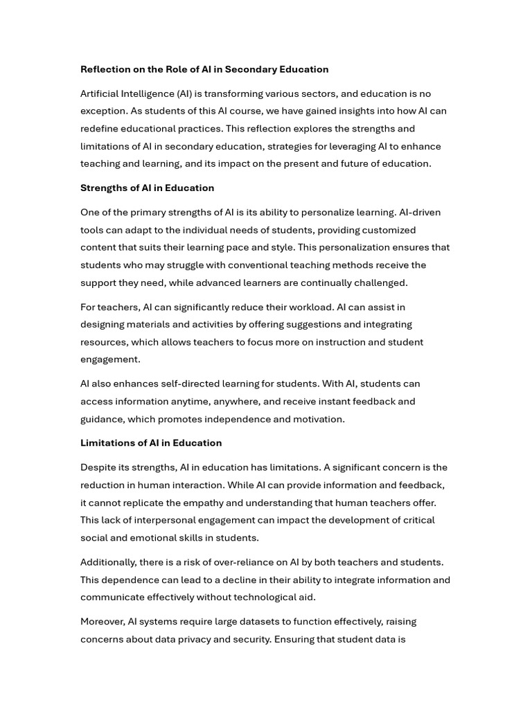 Reflection On The Role of AI in Secondary Education | PDF | Artificial ...