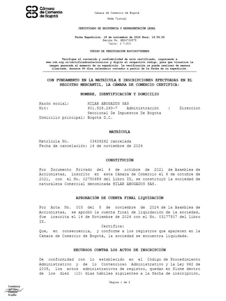 Certificado de Liquidación Hilar Abogados SAS | PDF | Finanzas y dinero