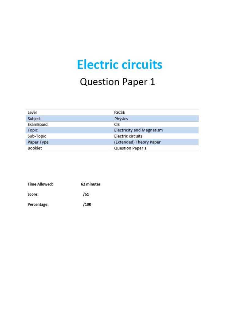 IGCSE Physics All of Electricity Topic Questions | PDF | Electrical ...
