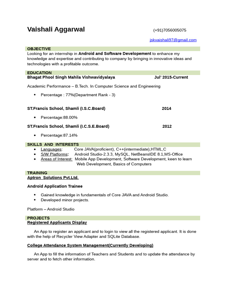 Resume_Vaishali | PDF | Android (Operating System) | Application Software