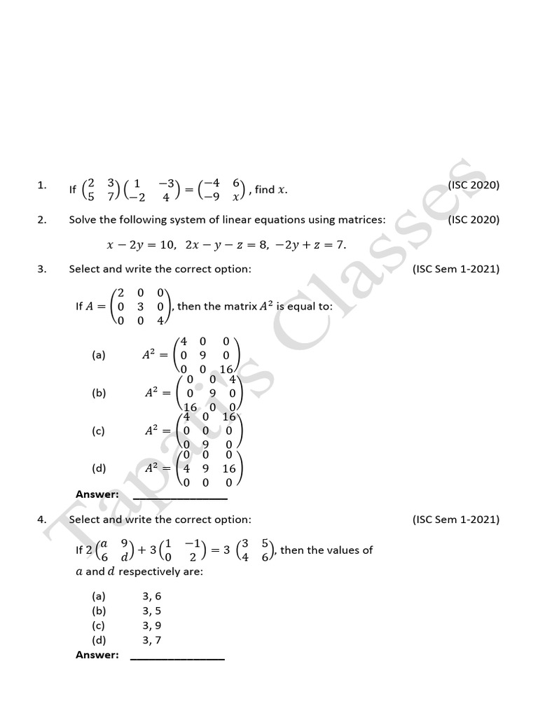 XII M B Q ISC Matrices 2020 To 2023 | PDF | Matrix (Mathematics) | Algebra