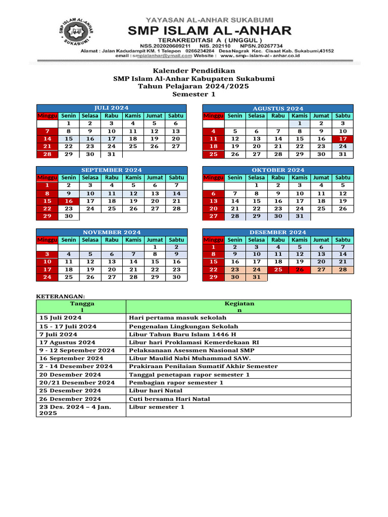 Kaldik SMP Islam Al-Anhar 2024-2025 | PDF