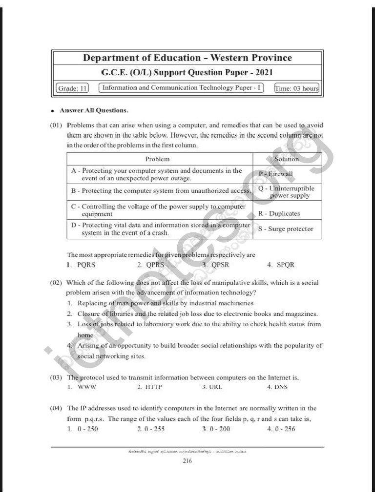 OL ICT Third Term 2021 Support Seminar Paper English Medium Grade 11 ...
