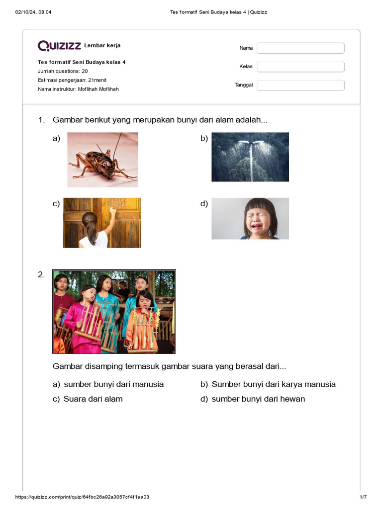 Tes Formatif Seni Budaya Kelas 4 | PDF