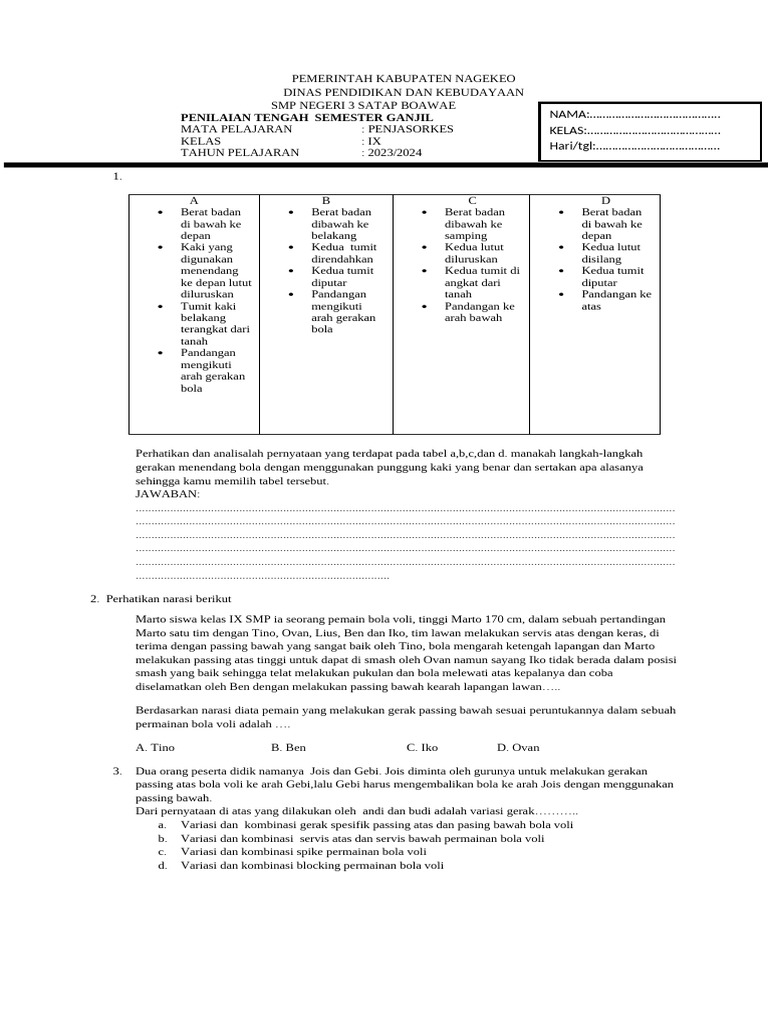 Soal PTS Akm Pjok KLS 9 | PDF