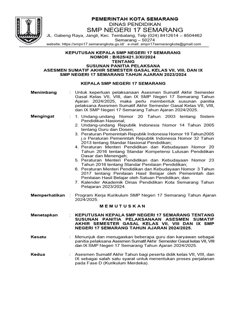 SK Panitia Asesmen Sumatif Akhir Semester Gasal 2024-2025 | PDF