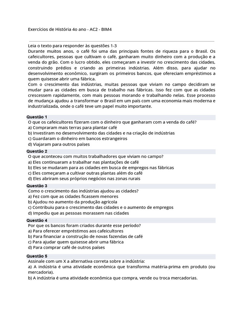 História 4o Ano - AC2 - BIM4 | PDF | Setor terciário da economia | Sindicato