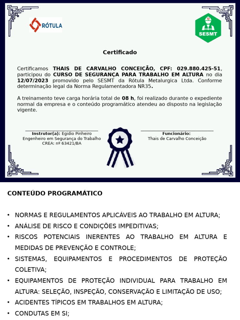 Certificado de Curso NR35 - Thais Conceição | PDF