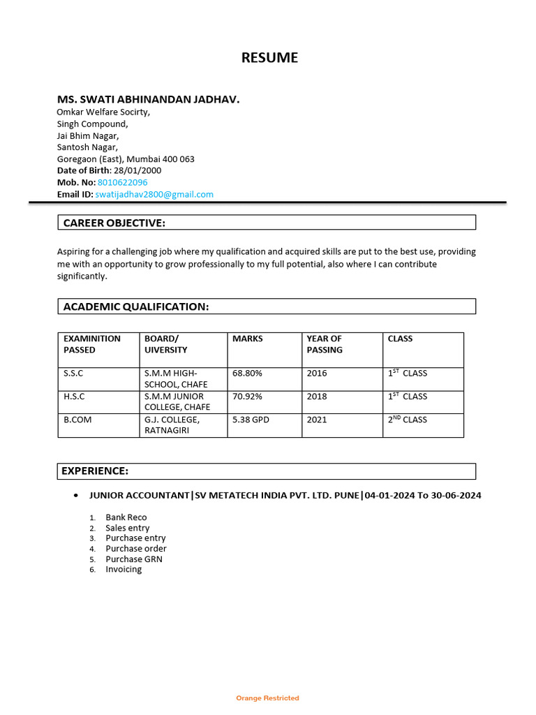 Jadhav Swati's RESUME 15th Aug 24 | PDF