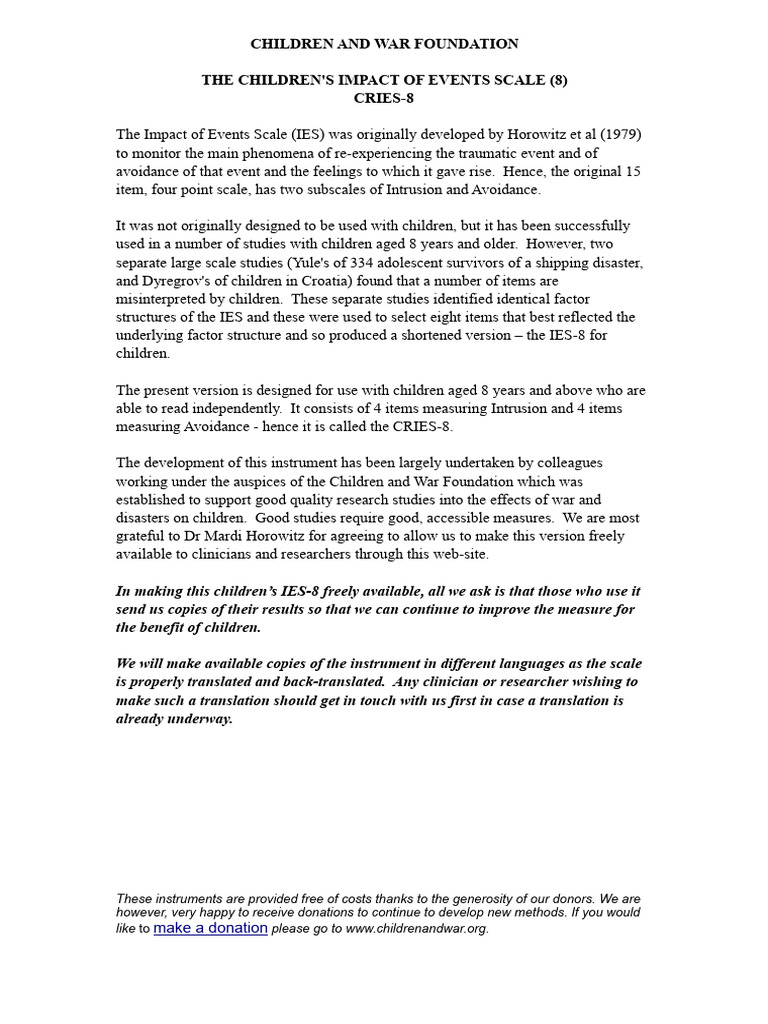 CRIES-8: Child PTSD Screening Tool | PDF | Psychometrics | Behavioural Sciences