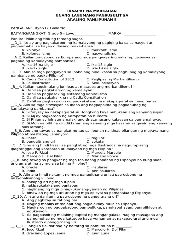 FIRST-SUMMATIVE-TEST-IN-ARALING-PANLIPUNAN-5-Q4 - Answered by Me | PDF
