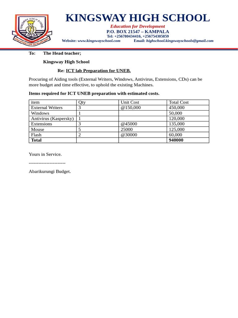Kingsway High School: To: The Head Teacher Kingsway High School Re: ICT ...