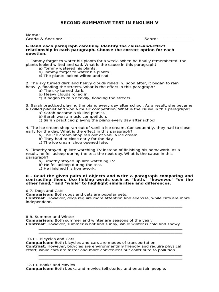 Q4-2nd-SUMMATIVE-TEST-IN-ENGLISH-GRADE 5 | PDF | Homework