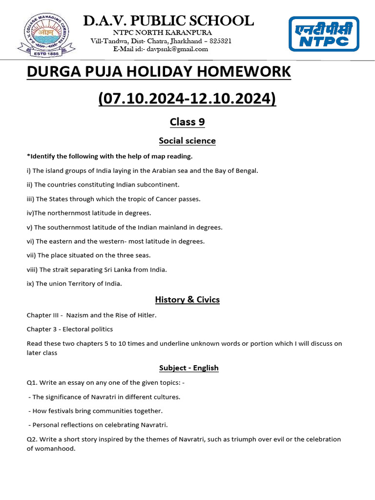 Class IX Durga Puja Holiday Homework | PDF