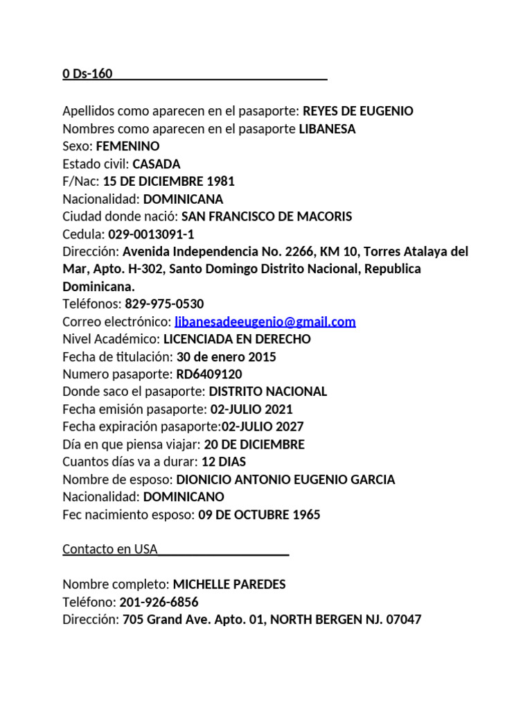 Patrón Ds 160 Formulariod de VISADO | PDF