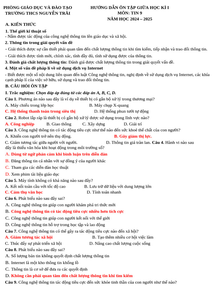 Đáp án TIN 9. ĐỀ CƯƠNG GKI | PDF