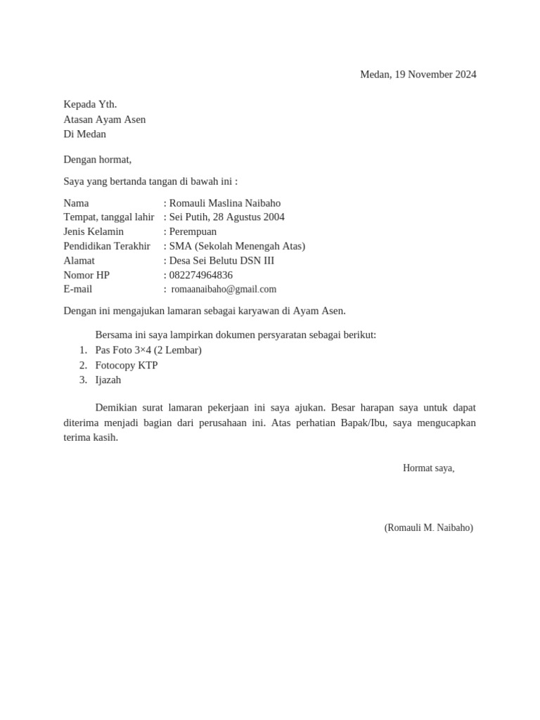 Format Surat Lamaran Roma | PDF