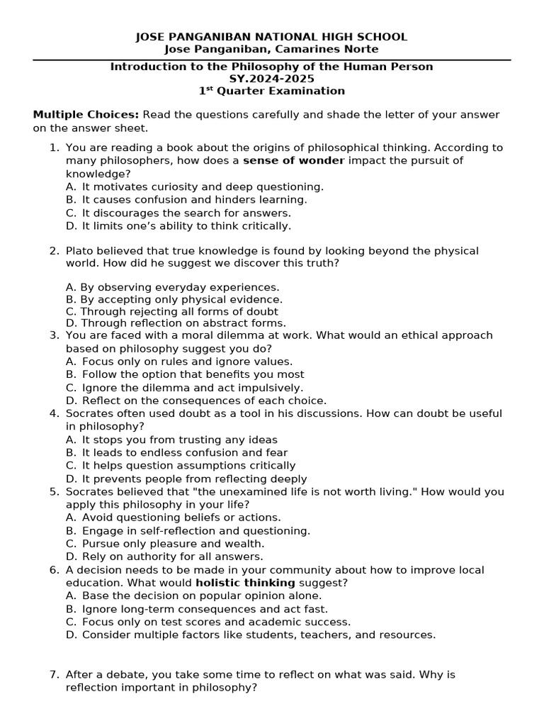 Philo-1st Quarterexamnew | PDF | Knowledge | Reason