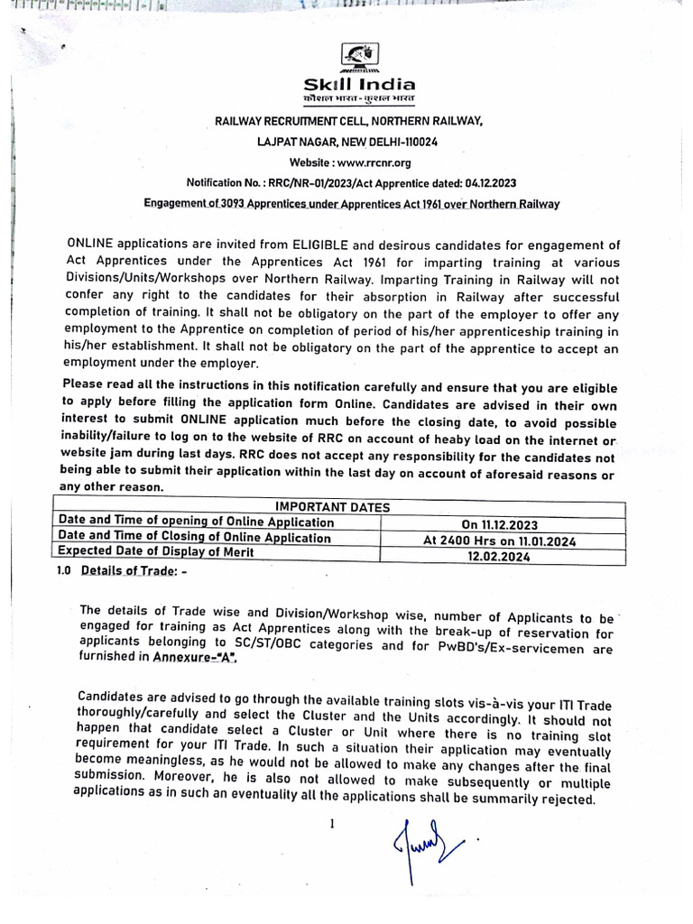 Northern Railway Job Notification | PDF