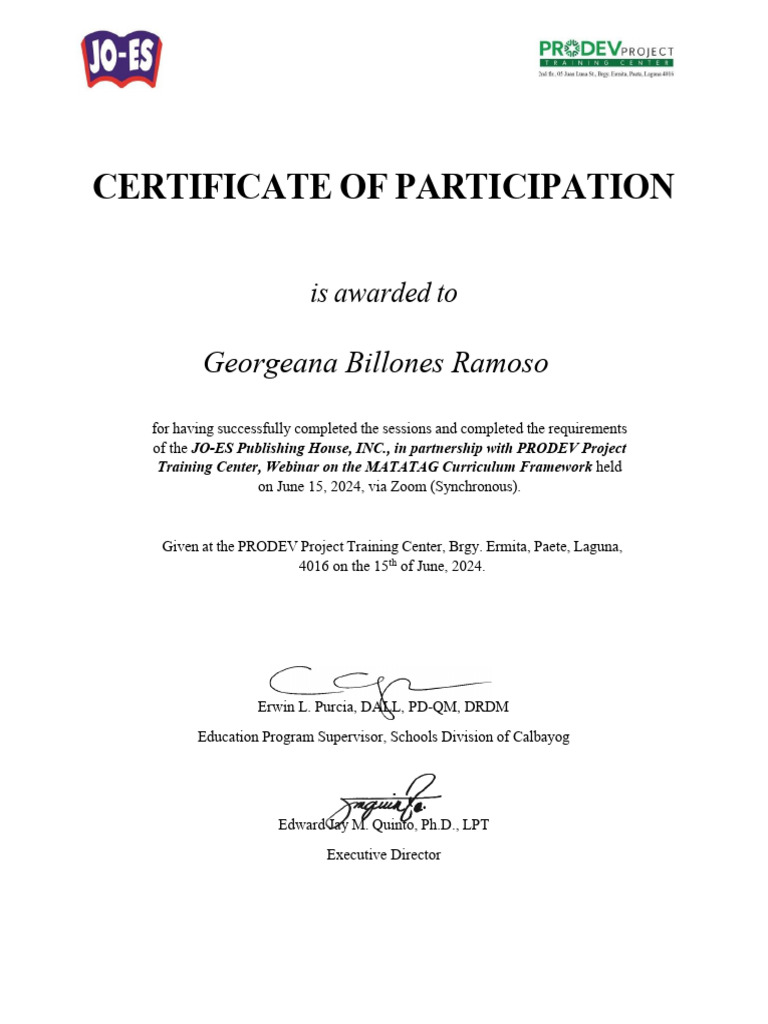 Certificate of Participation: MATATAG Webinar | PDF