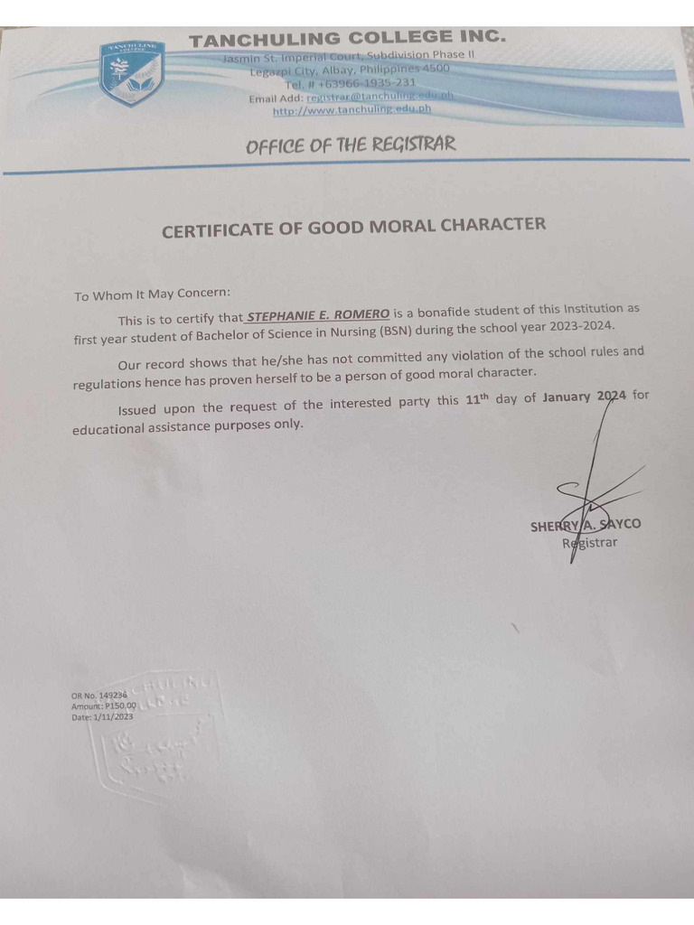 Cert of Good Moral | PDF