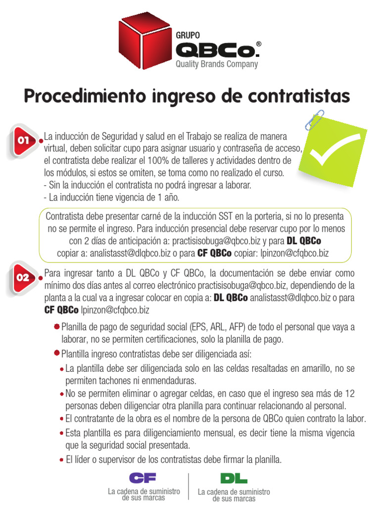 Procedimiento Ingreso de Contratistas: DL Qbco CF Qbco | PDF