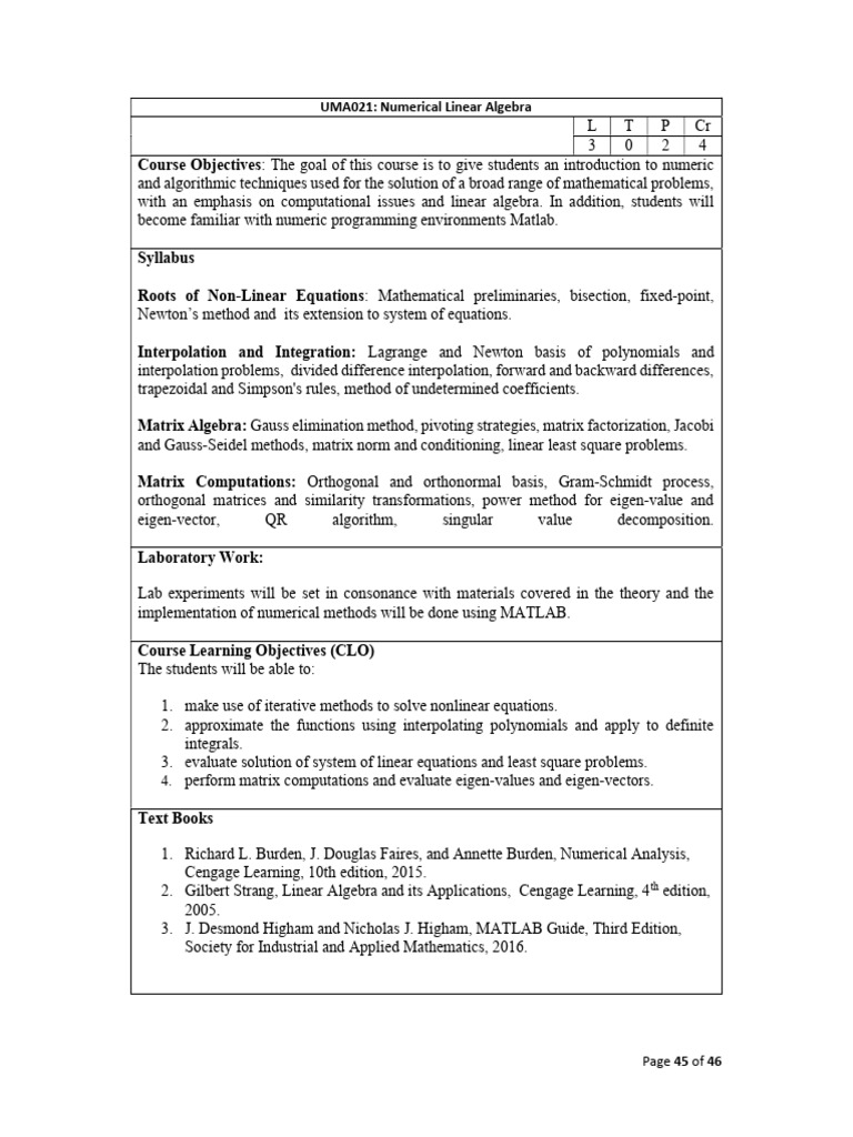 Numerical Linear Algebra Course Overview | PDF | Numerical Analysis ...