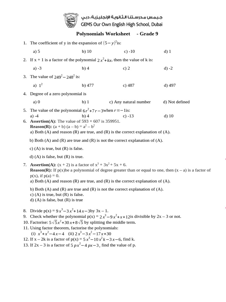 Polynomials Worksheet G9 | PDF